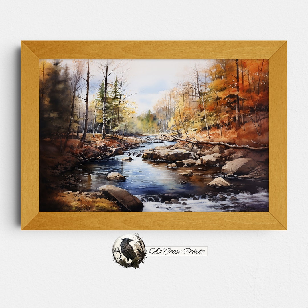 Field and Stream Woodland Landscape Watercolor, Minnesota Fall River ...