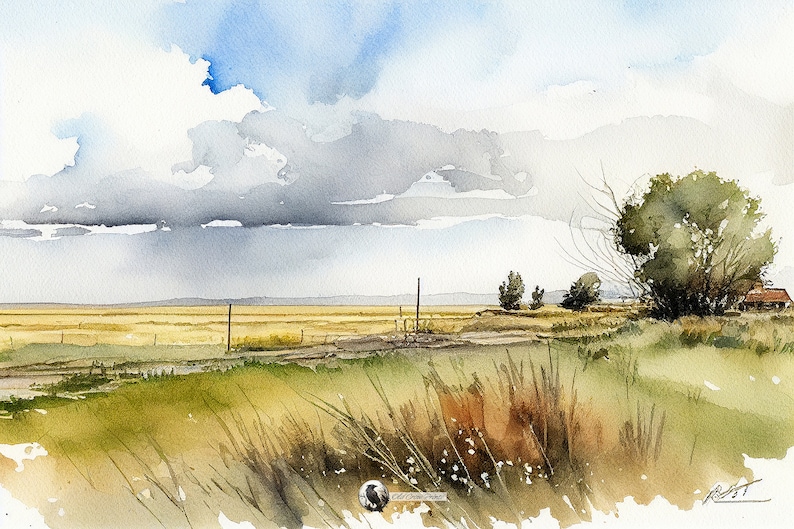 South Dakota Prairie, Watercolor Painting, Digital Print, Farmhouse ...