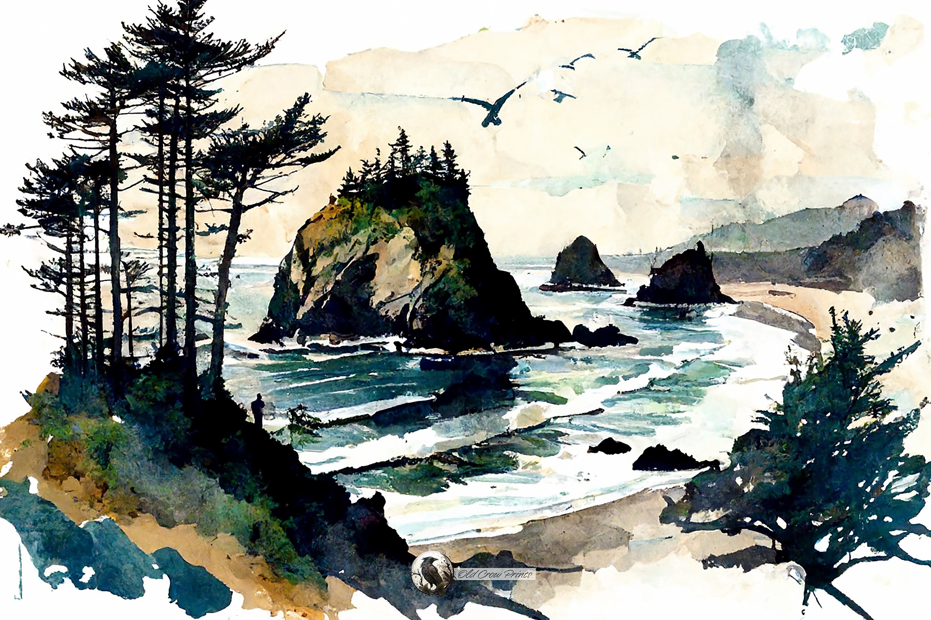 Oregon Coast, Watercolor Painting, Digital Print, Western Landscape ...