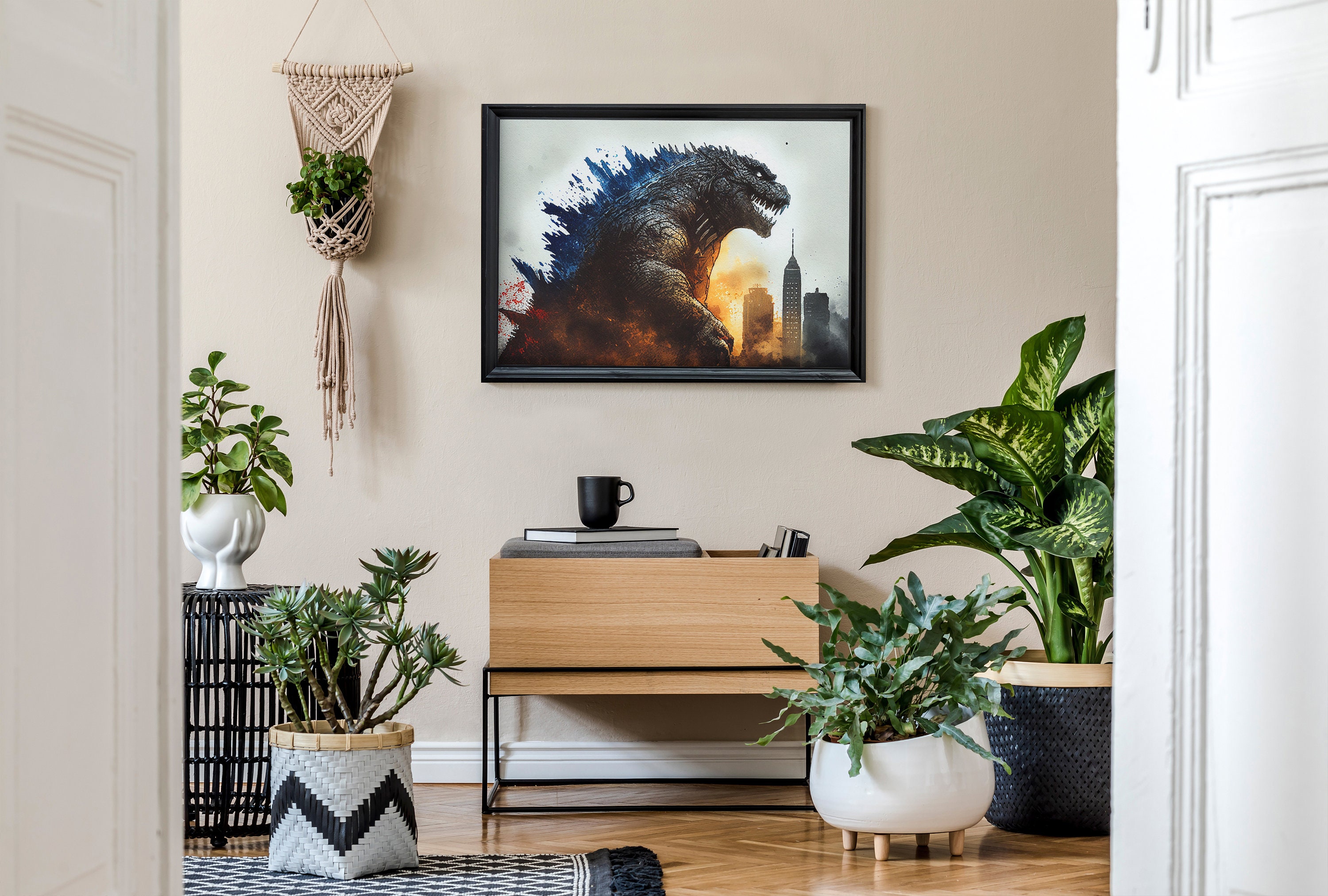 Godzilla Watercolor Rustic, Godzilla Gifts for Him, Monster Movie ...
