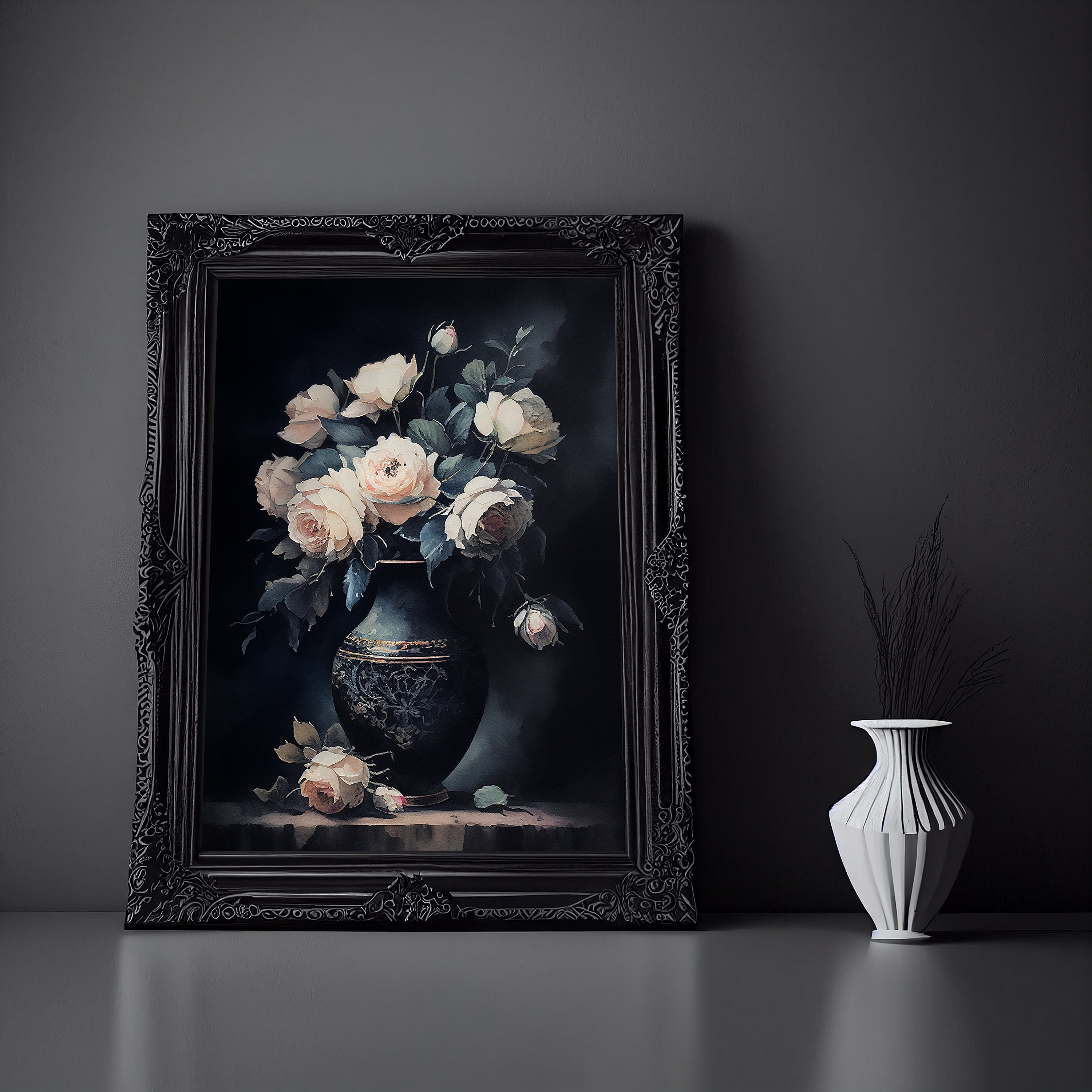 Vintage Antique Gothic Vase of Roses, Gloomy Victorian Paintings, Moody ...