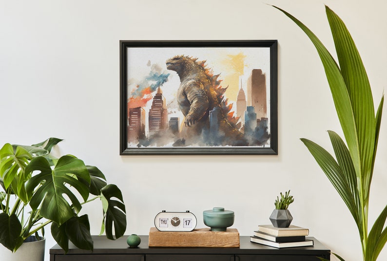Godzilla Cityscape Watercolor, Godzilla Gifts for Him, Monster Movie ...
