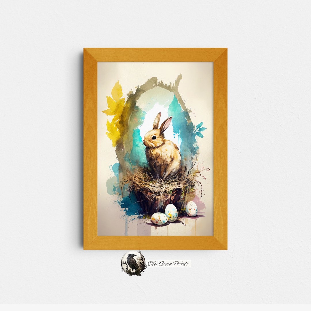 Easter Bunny in Basket, Watercolor Painting, Digital Print, Farmhouse ...