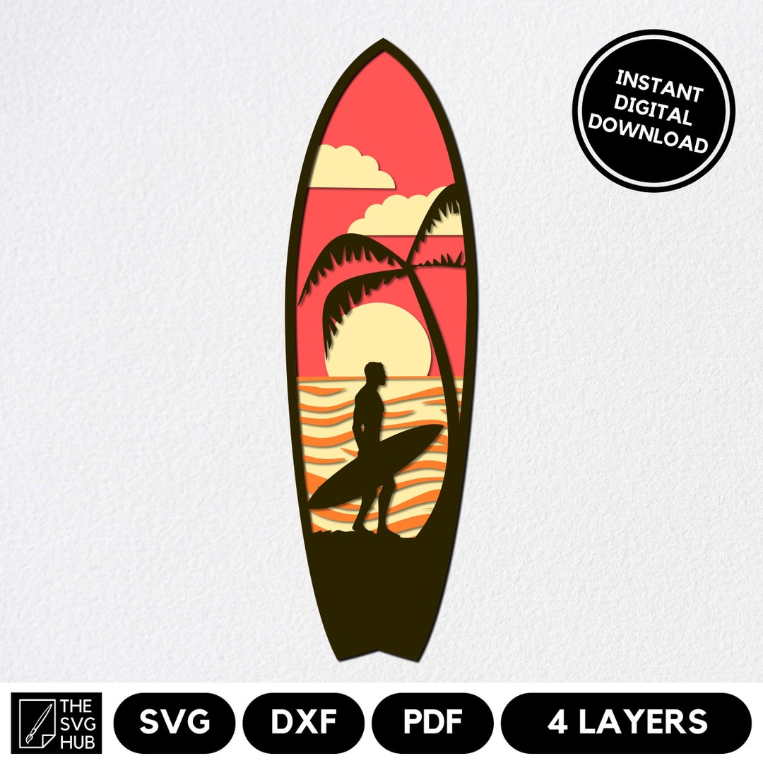 3D Surfboard Layered SVG Instant Digital Download, Multilayered Surfer ...