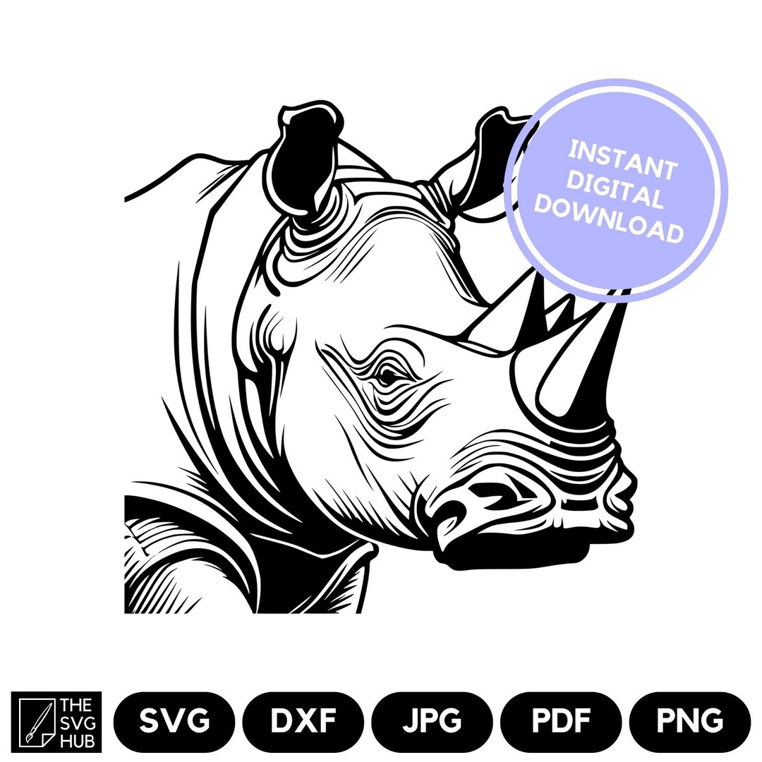 Rhino SVG Instant Digital Download Safari Animal Clipart Detailed Cut ...