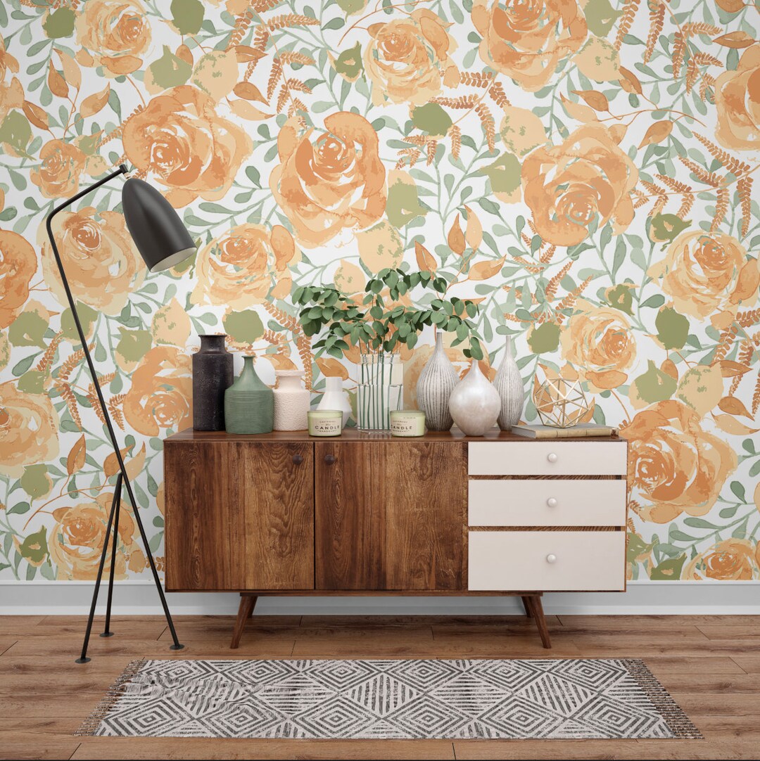 Bold Retro Summer Rose Wallpaper, Bright Vintage Feel Wallpaper, Orange ...