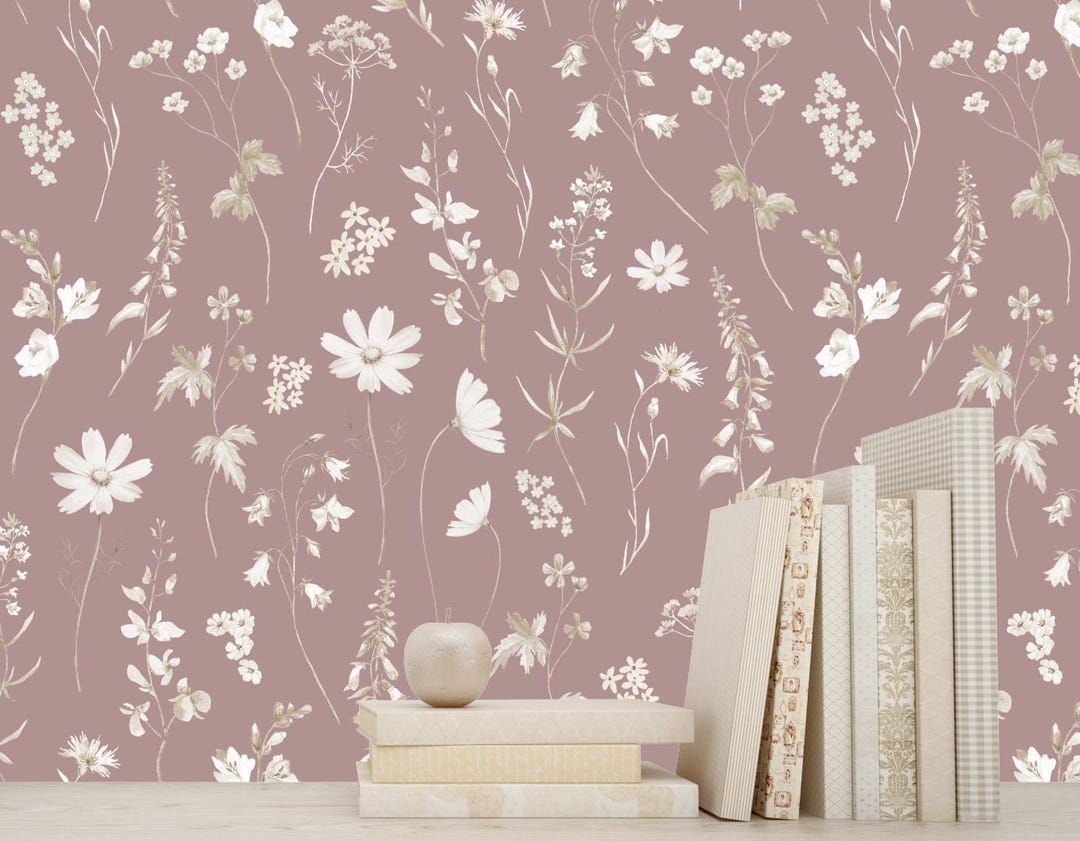 Dusky Pink Vintage Floral Wallpaper, Cottagecore Peel and Stick ...