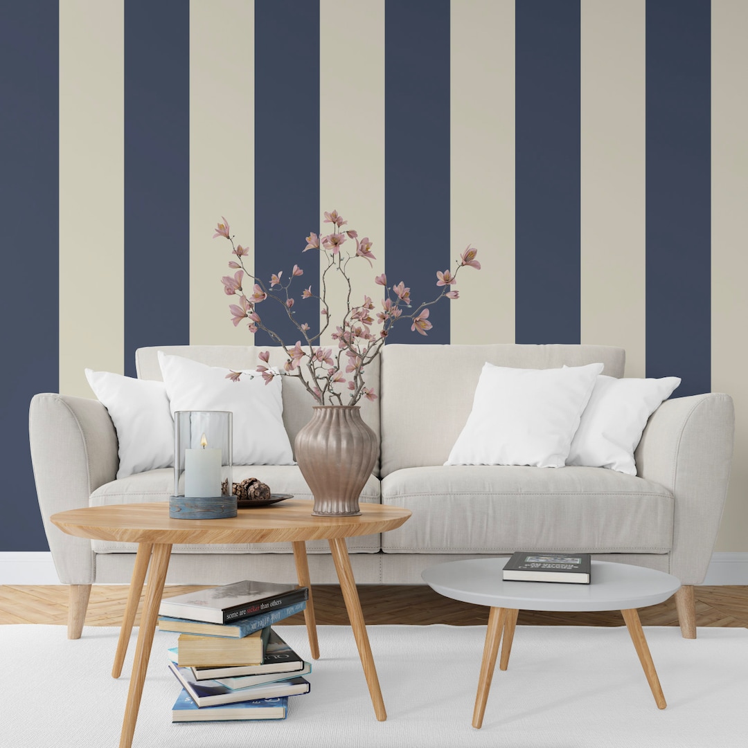 Navy Striped Wallpaper, Elegant Wallpaper, Home Office Wallpaper, Maxi ...