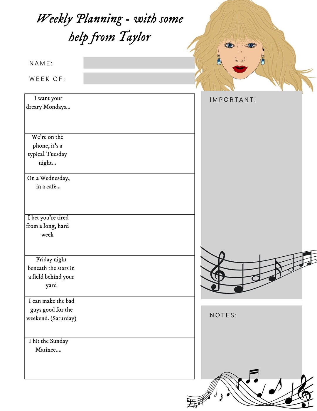 Weekly Planner With Taylor Swift Lyrics - Etsy