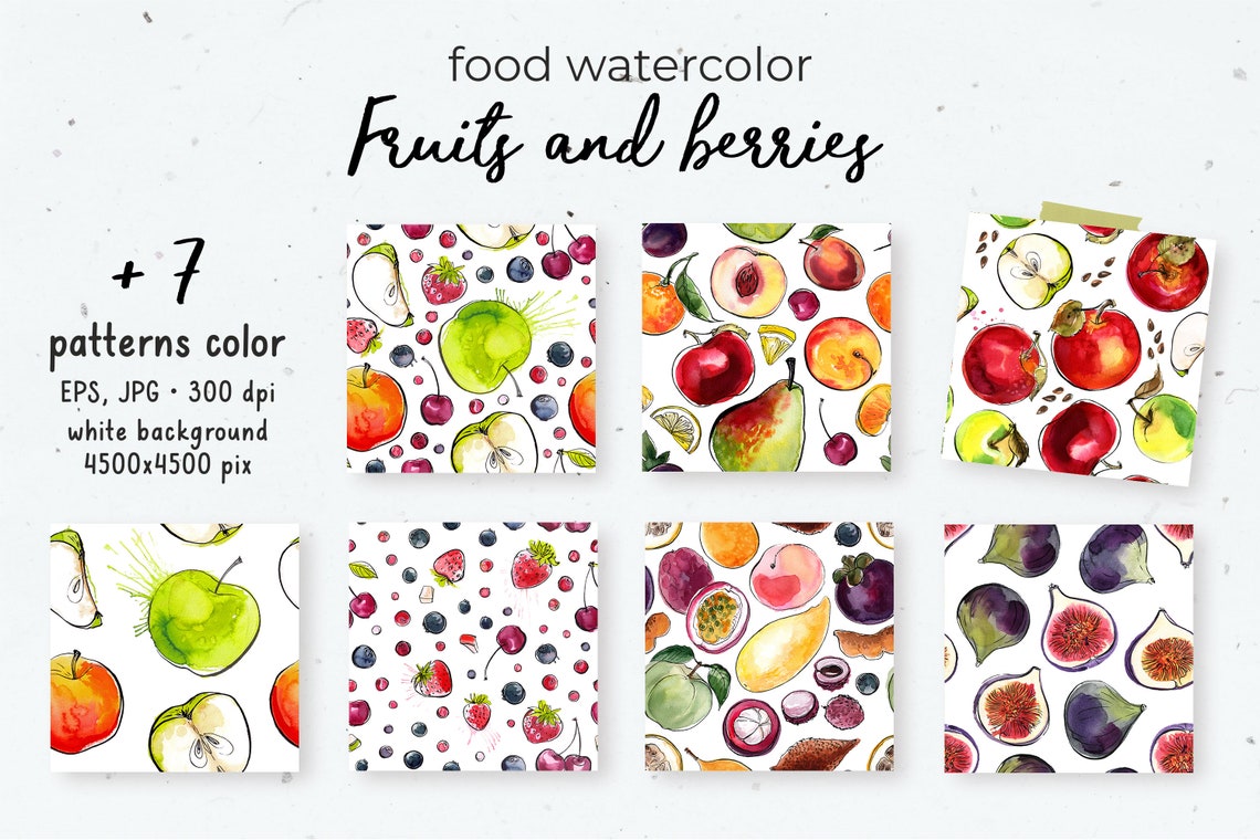 Watercolor Food Color Ink Sketch: Fruit, Berries, Citrus. - Etsy