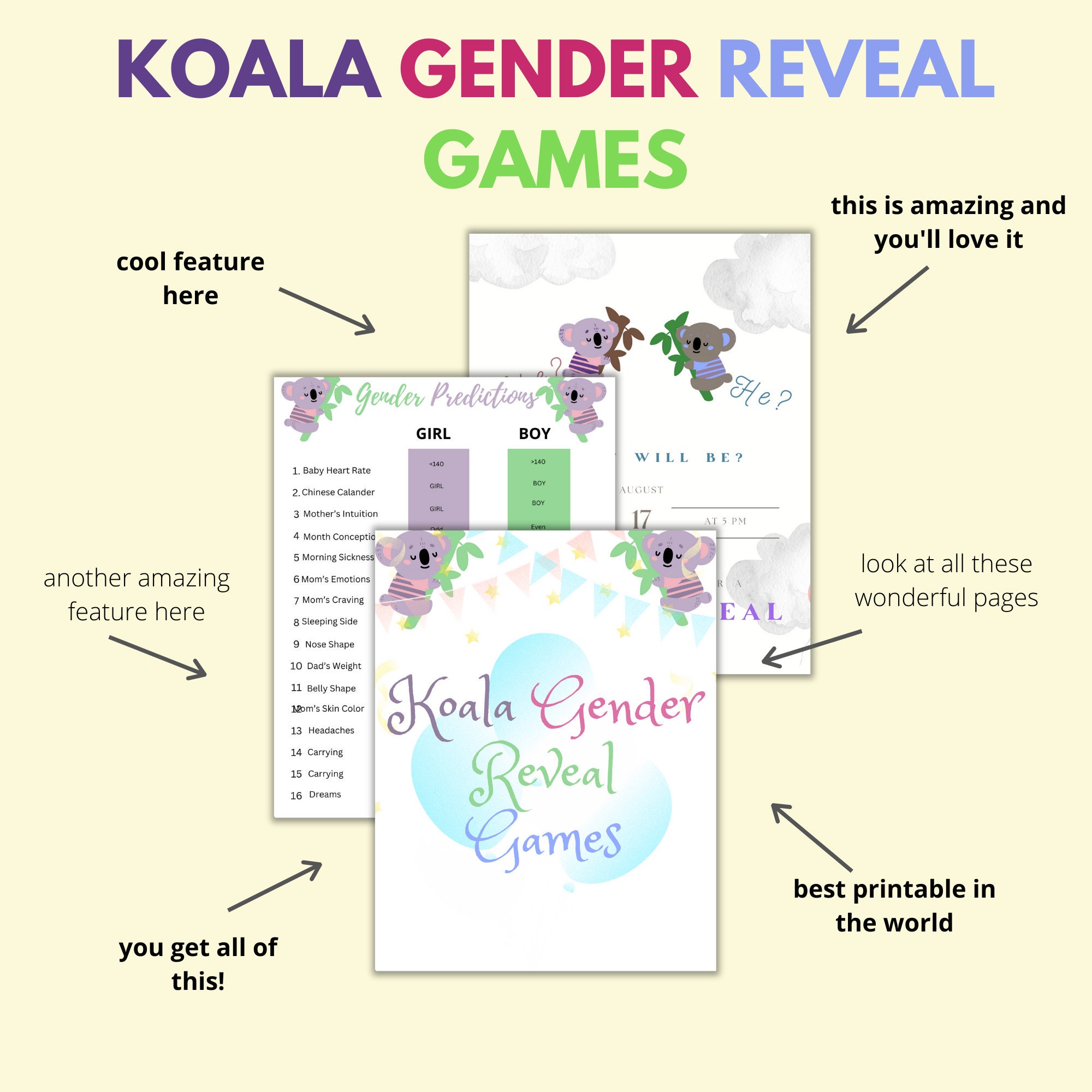 Koala Gender Reveal Games: Baby Shower Bingo (PDF) - Etsy