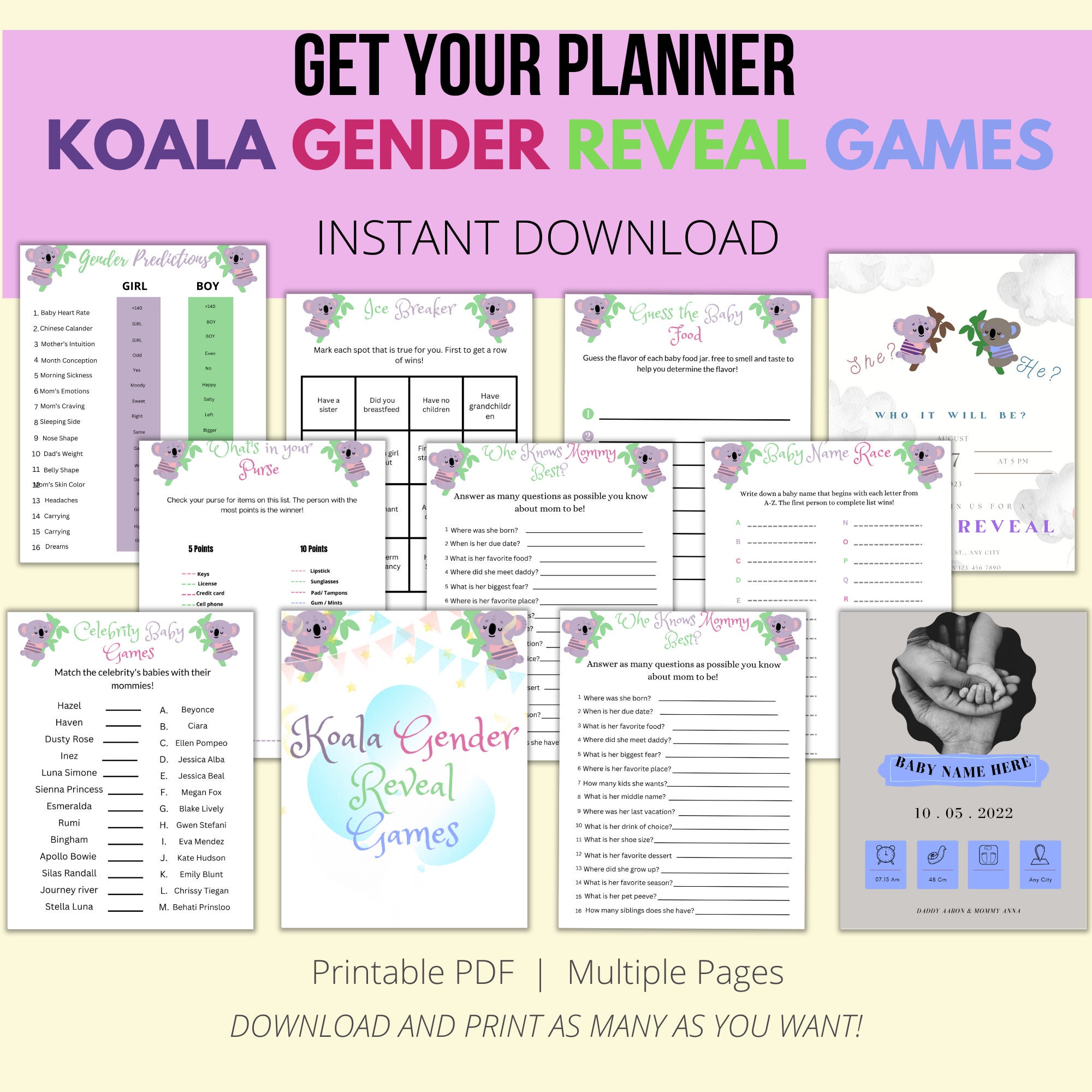 Koala Gender Reveal Games: Baby Shower Bingo (PDF) - Etsy