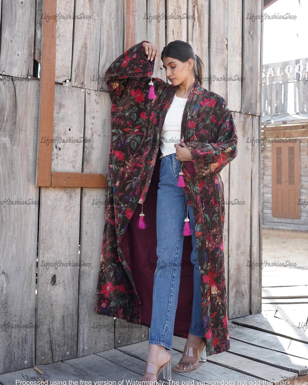 OFMD Brown Bird Velvet Banyan Fabric Kimono Cotton Velvet Robe Long ...