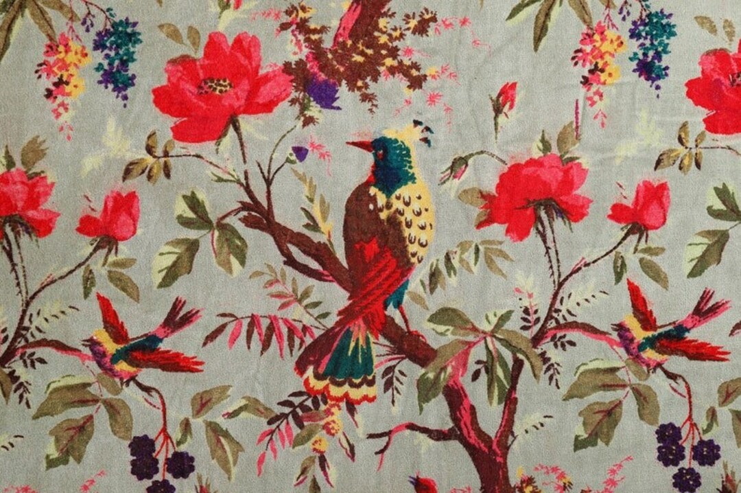 Printed Velvet Fabric Indian Fabric Floral GREEN BIRD Print Fabric ...