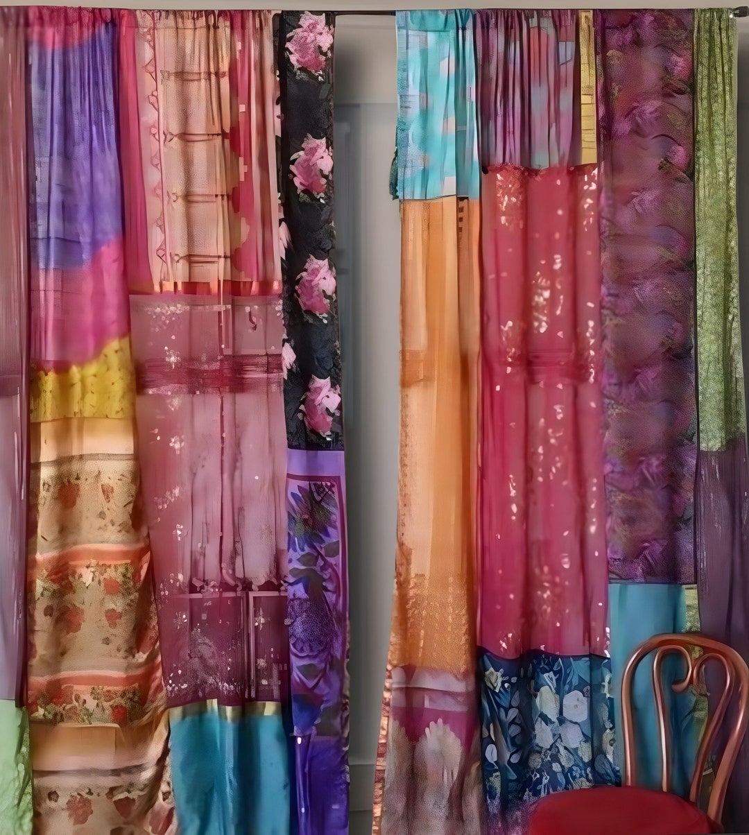 2 Pcs of Indian Vintage Old Silk Sari Multi Color Handmade Patchwork ...