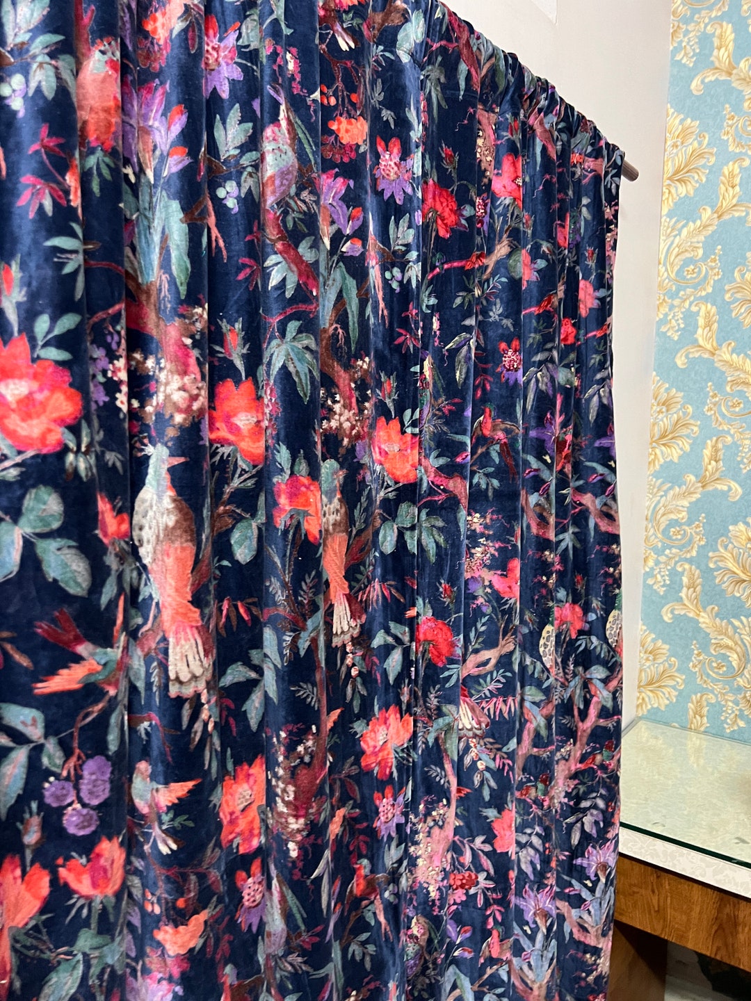 Vintage Cotton Velvet Blue Color Bird Print Luxury Curtain, Boho ...