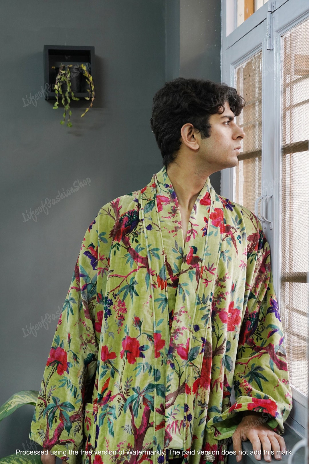 OFMD Green Bird Velvet Banyan Fabric Kimono Cotton Velvet Robe Long ...