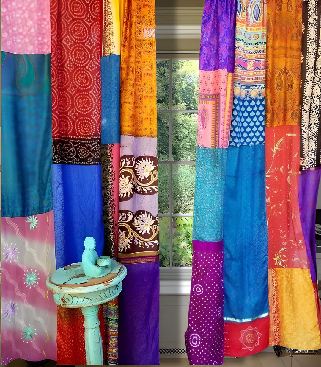 Indian Vintage Old Silk Sari Multi Color Handmade Patchwork Curtain ...