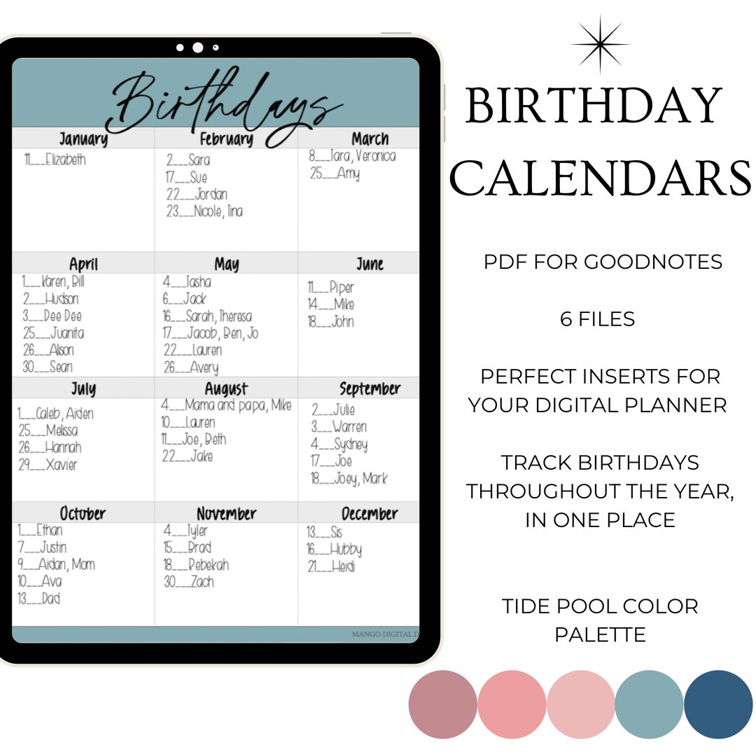 Birthday Calendar Planner Insert Goodnotes PDF Multiple Colors - Etsy