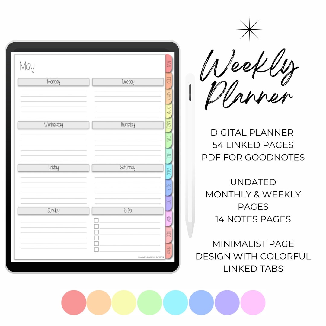Undated Weekly Planner With Notes and Linked Tabs Minimalist Pages for ...