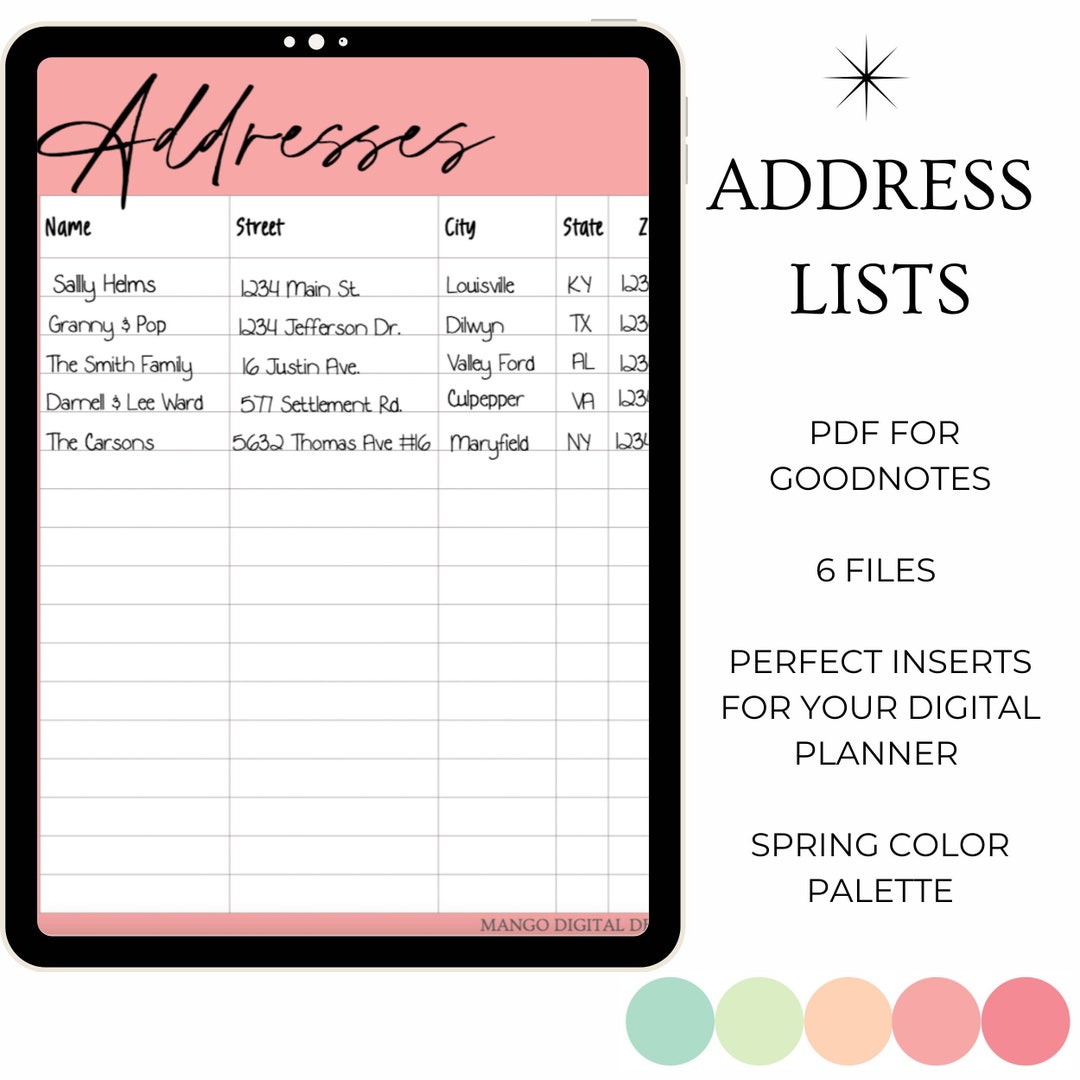 Address List Insert for Digital Planner, PDF for Goodnotes - Etsy