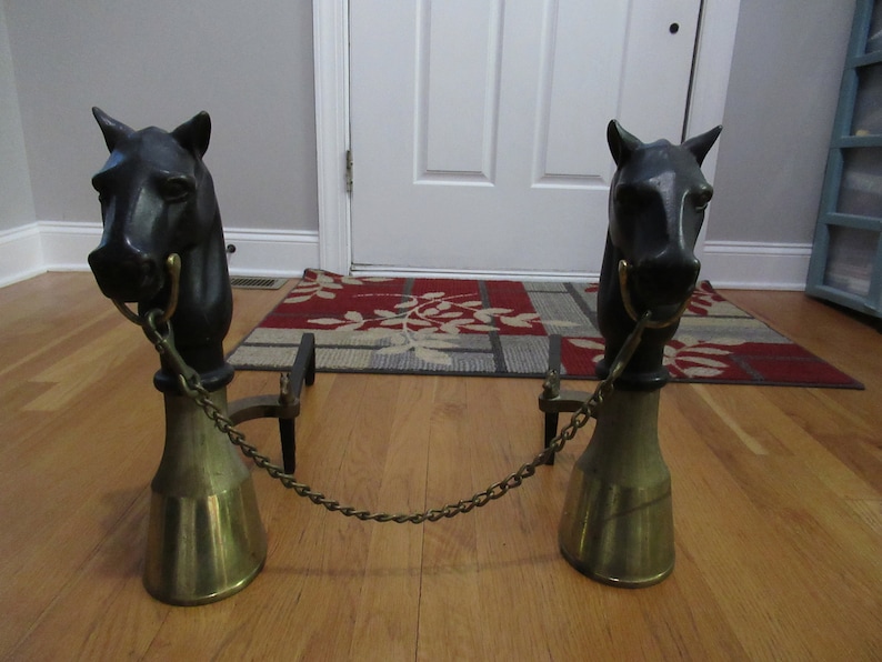Sheffield Wrought Iron Horses Black and Brass Andirons Set With Chain ...