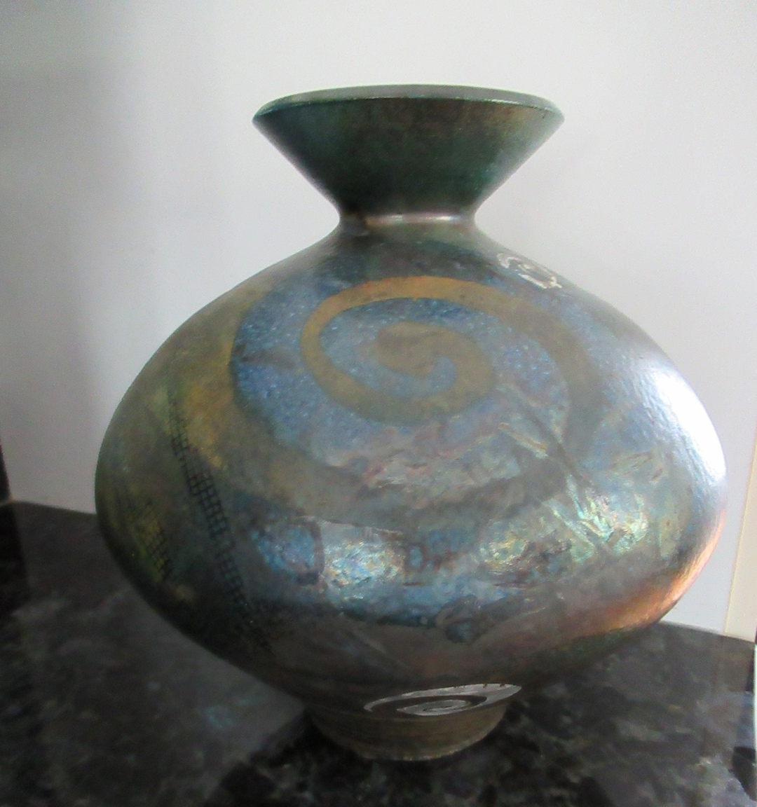 Doug Knotts NC Pottery Green/black Raku Large Pottery 11" Tall Vase ...