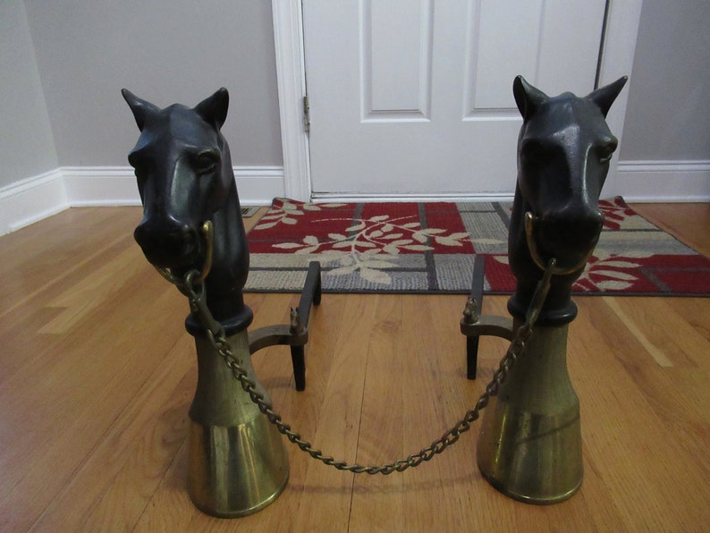 Sheffield Wrought Iron Horses Black and Brass Andirons Set With Chain ...