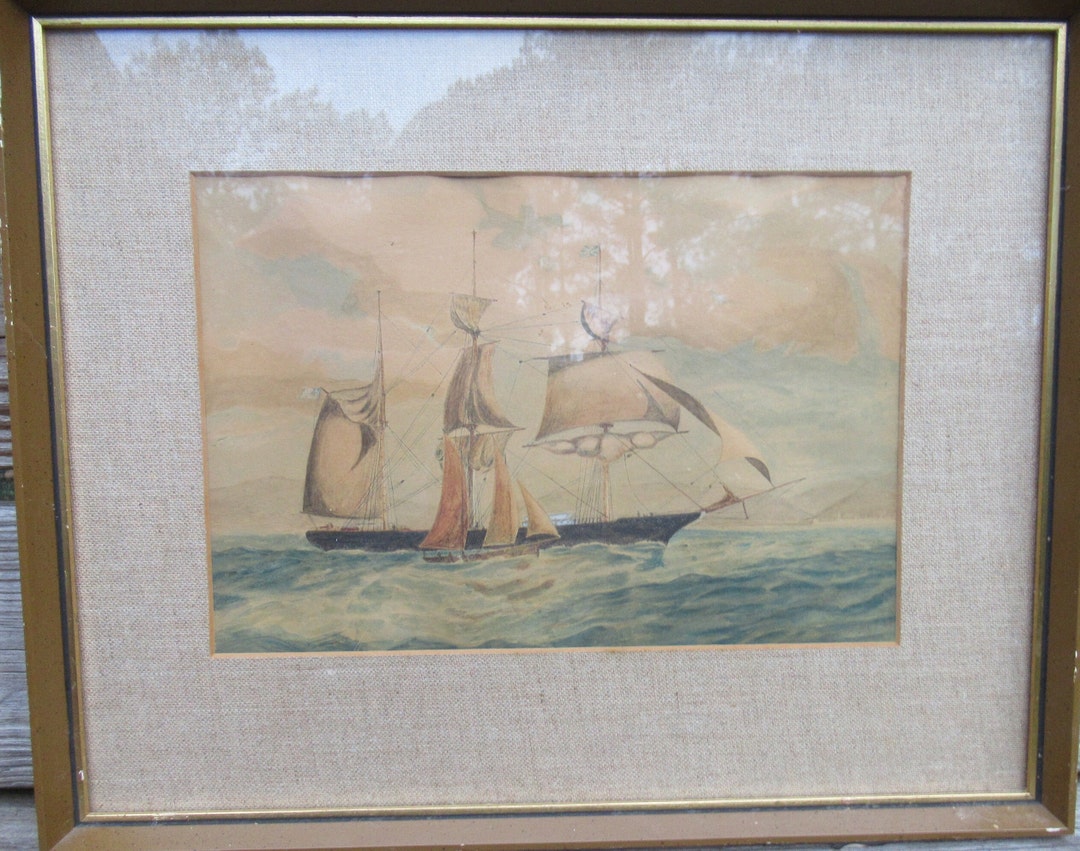 Antique J.C. Ross 1915 Signed Ships Seascape Watercolor Painting Framed ...