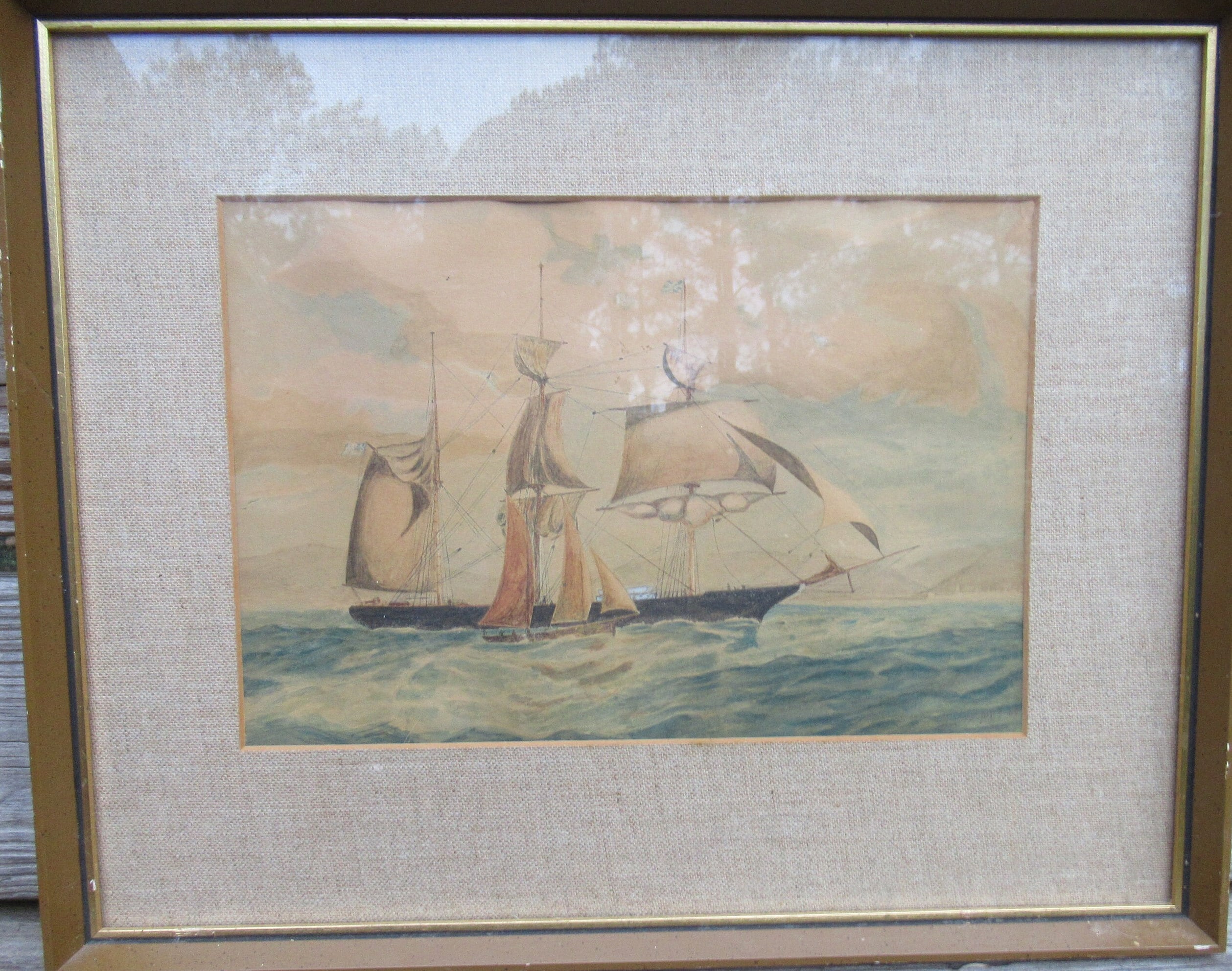 Antique J.C. Ross 1915 Signed Ships Seascape Watercolor Painting Framed ...