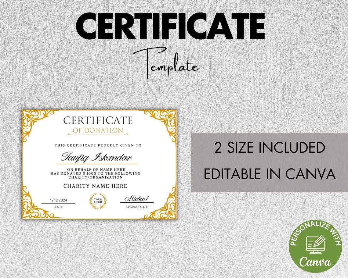 Certificate of Donation Template, Editable Donation Certificate ...