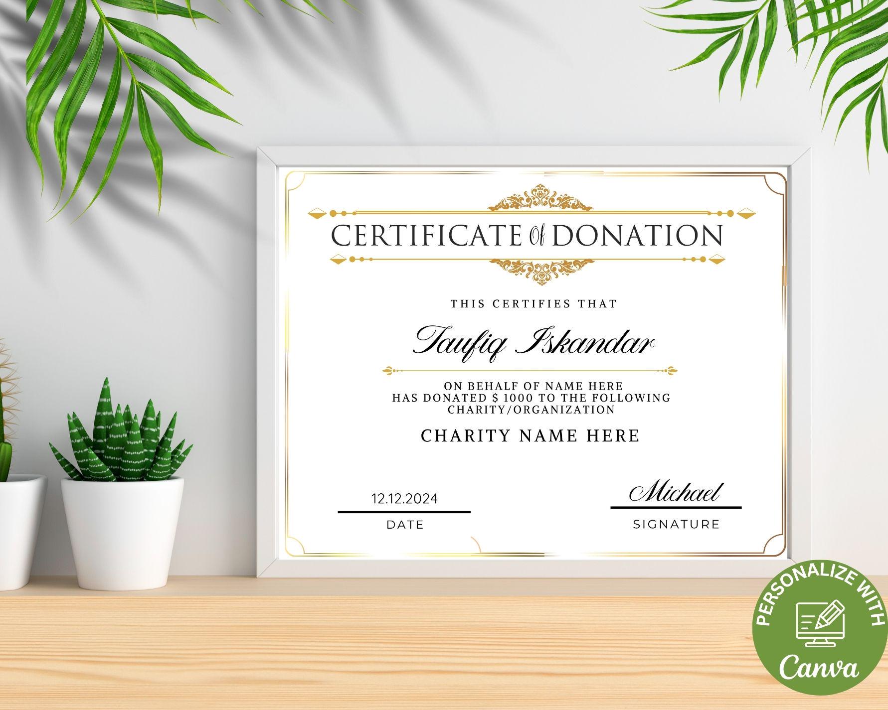 Certificate of Donation Template, Editable Donation Certificate ...