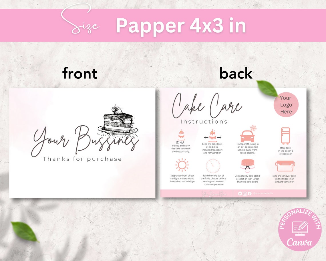 Cake Care Card Template, Canva Editable Wedding Cake Care Cards ...