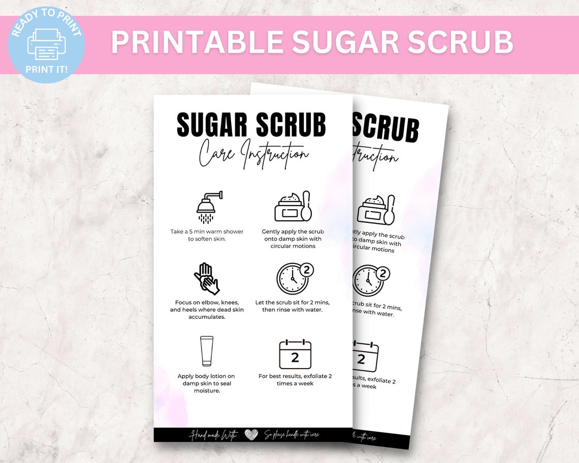 Printable Sugar Scrub Care Card Template, Body Scrub Care Instructions ...