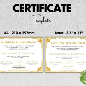 Commitment Certificate Template, Printable Certificate of Commitment, Editable Commitment ...