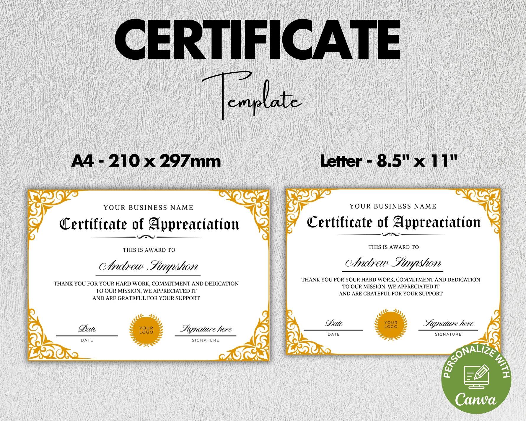 Certificate of Appreciation Template, Editable Appreciation Certificate ...