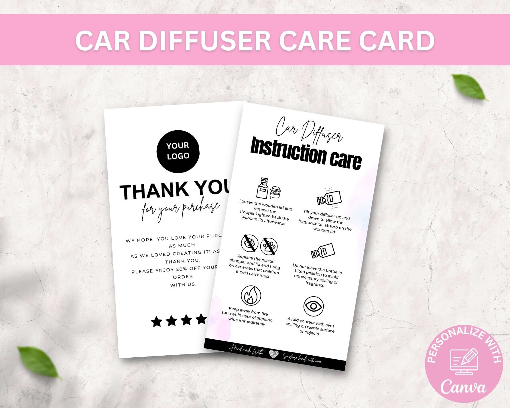 Editable Car Diffuser Care Card Template, Car Scent Care Instructions ...