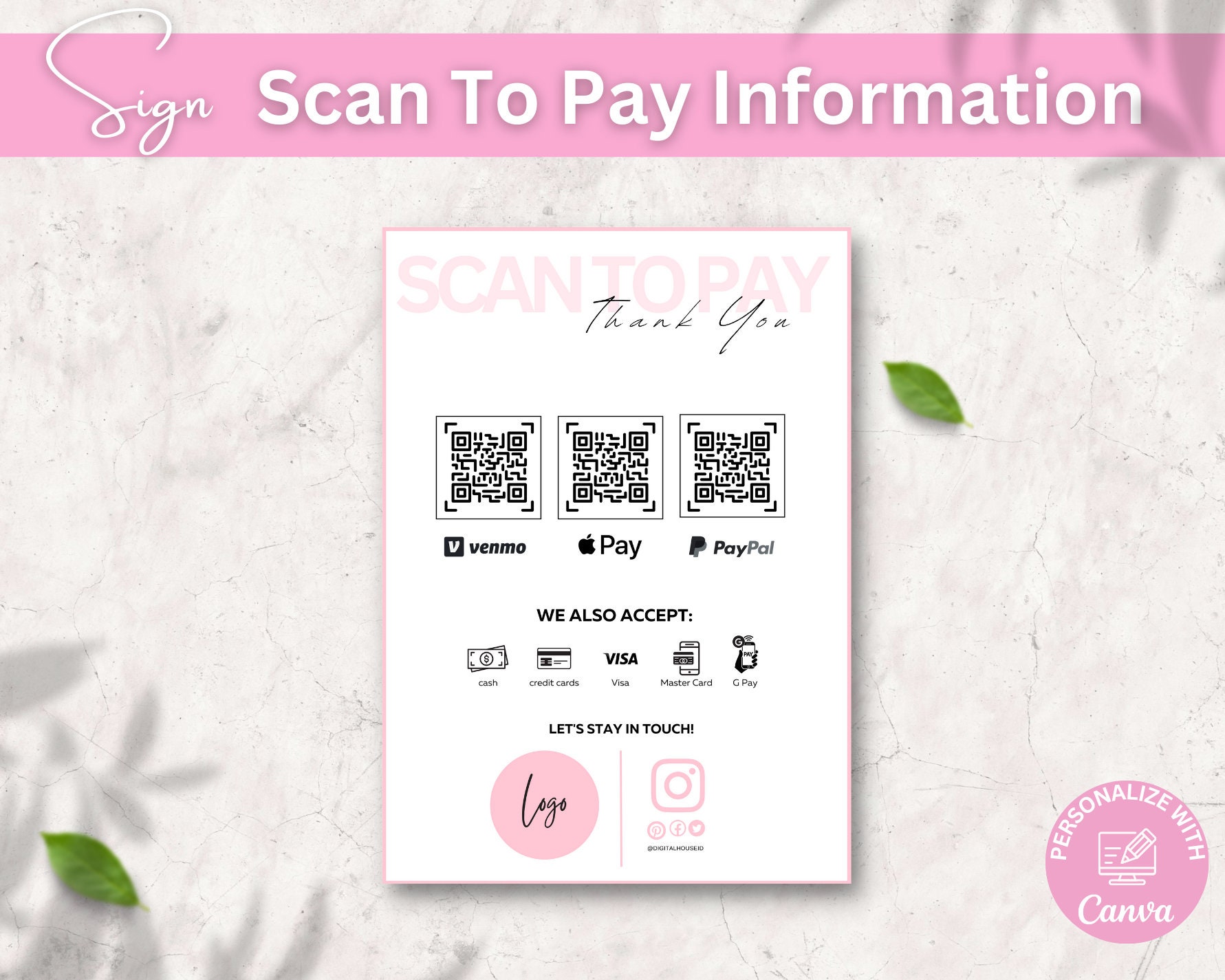 Editable Scan to Pay Card, Canva Template, QR Code Sign, Business Sign ...