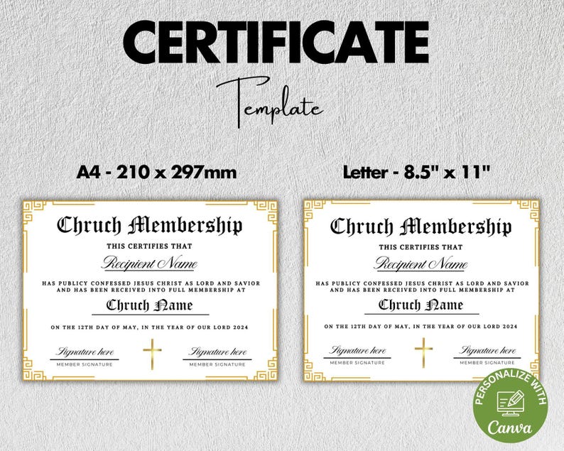 Church Membership Certificate Template, Editable Certificate of ...
