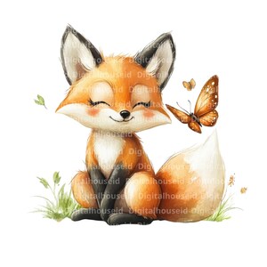 12 Fox and Butterfly Clipart, Cute Fox Baby, Printable Watercolor ...