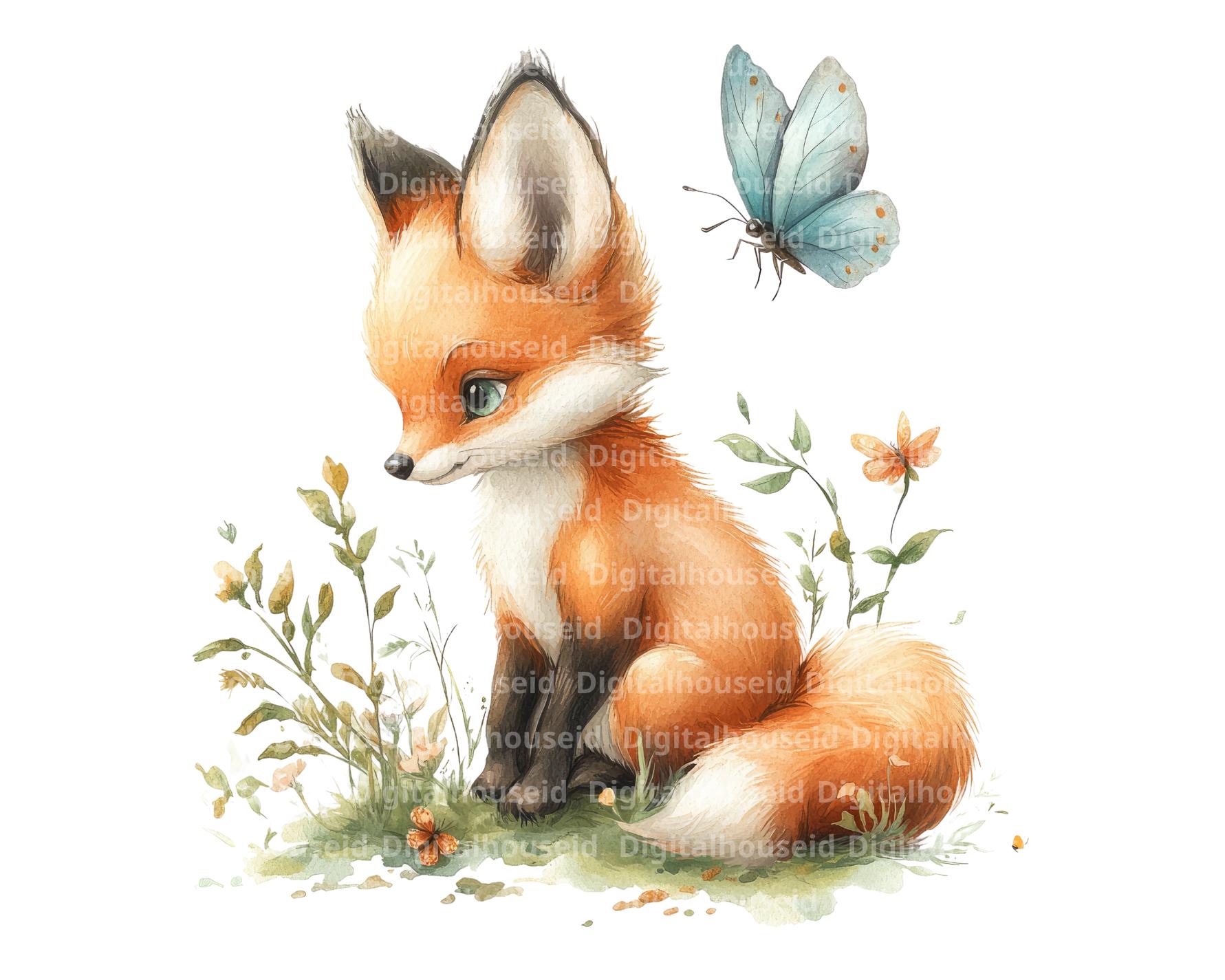 12 Fox and Butterfly Clipart, Cute Fox Baby, Printable Watercolor ...