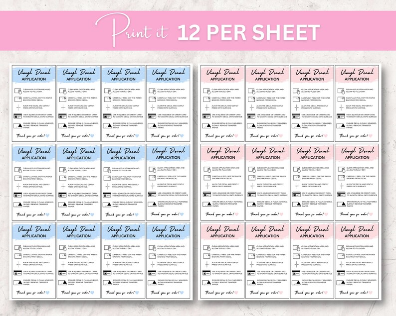 Vinyl Decal Application Card, Printable Vinyl Decal Care Card ...