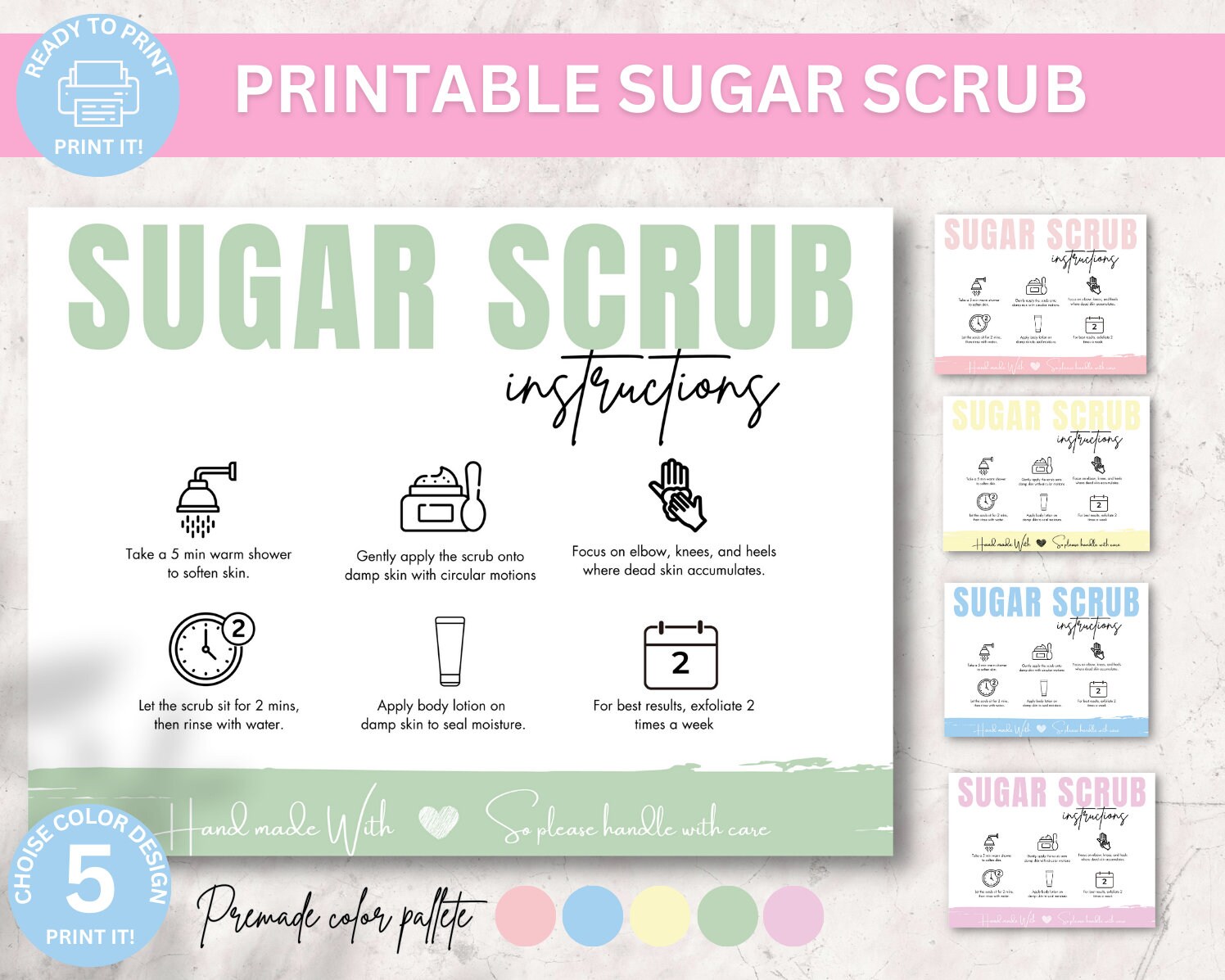 Printable Sugar Scrub Care Card Template, Body Scrub Care Instructions ...