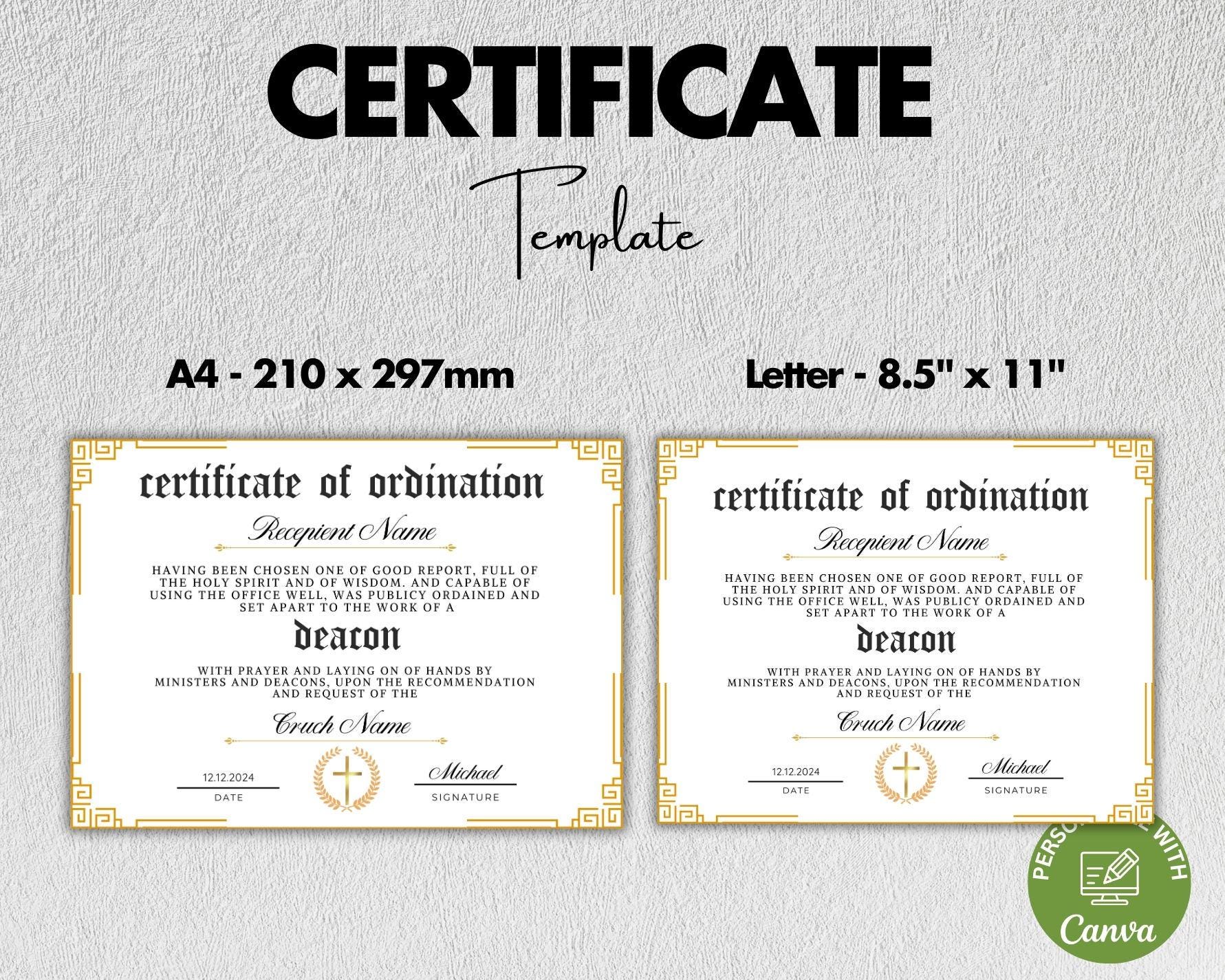 Deacon Ordination Certificate Template, Printable Certificate of ...