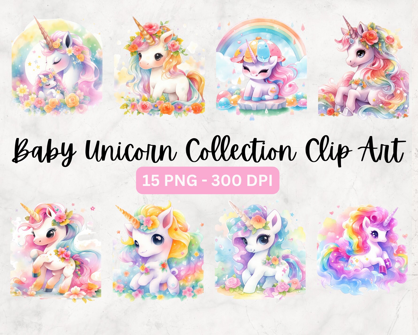 Watercolor Baby Unicorn Collection Clipart, 15 PNG Unicorn Clipart ...