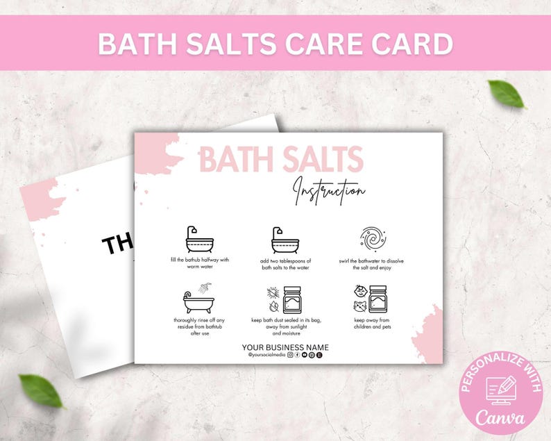 Editable Bath Salts Care Card Template, Epsom Salt Care Guide ...