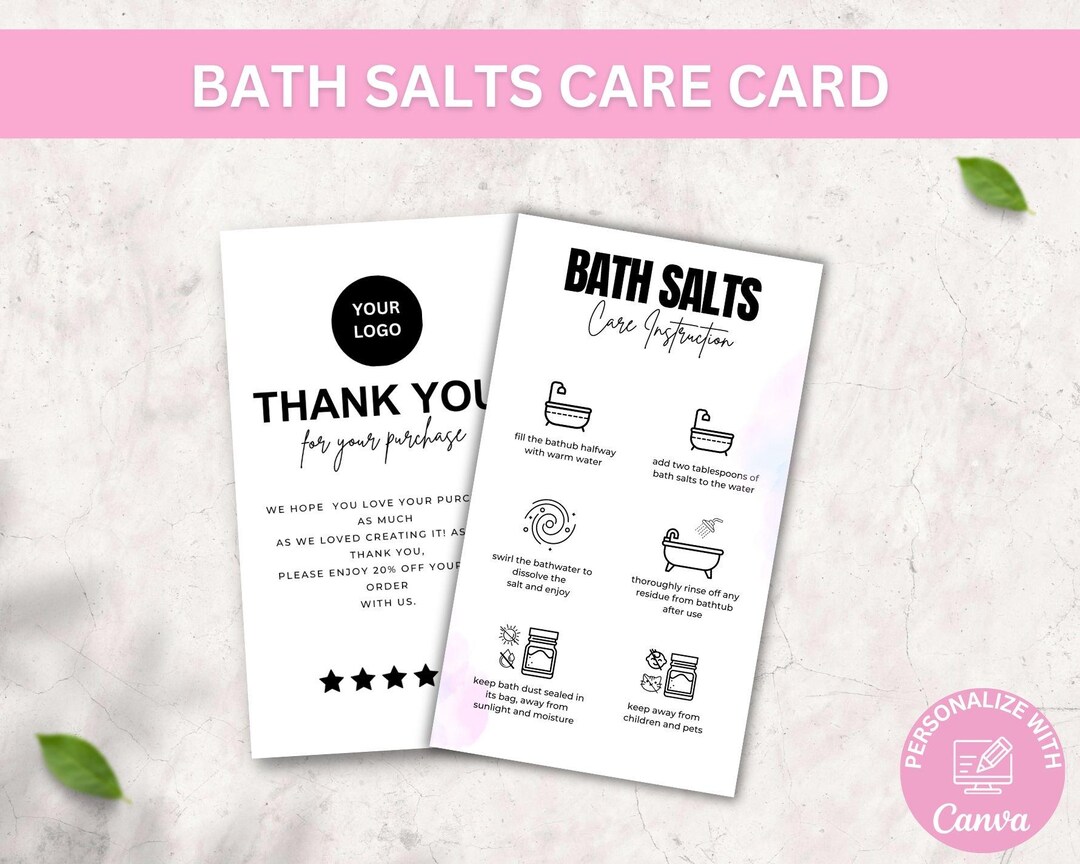 Editable Mini Bath Salts Care Card Template, Epsom Salt Care Guide ...