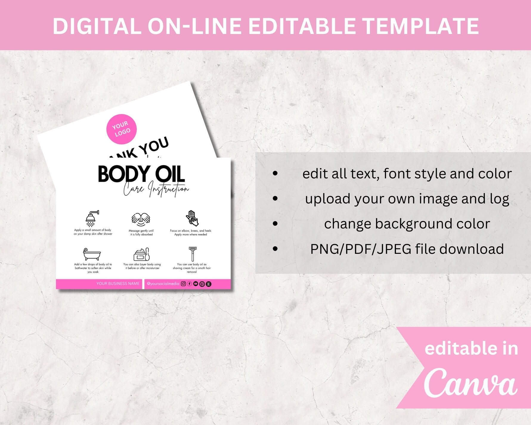 Editable Body Oil Care Card Template, Minimal Skin Oil Application ...