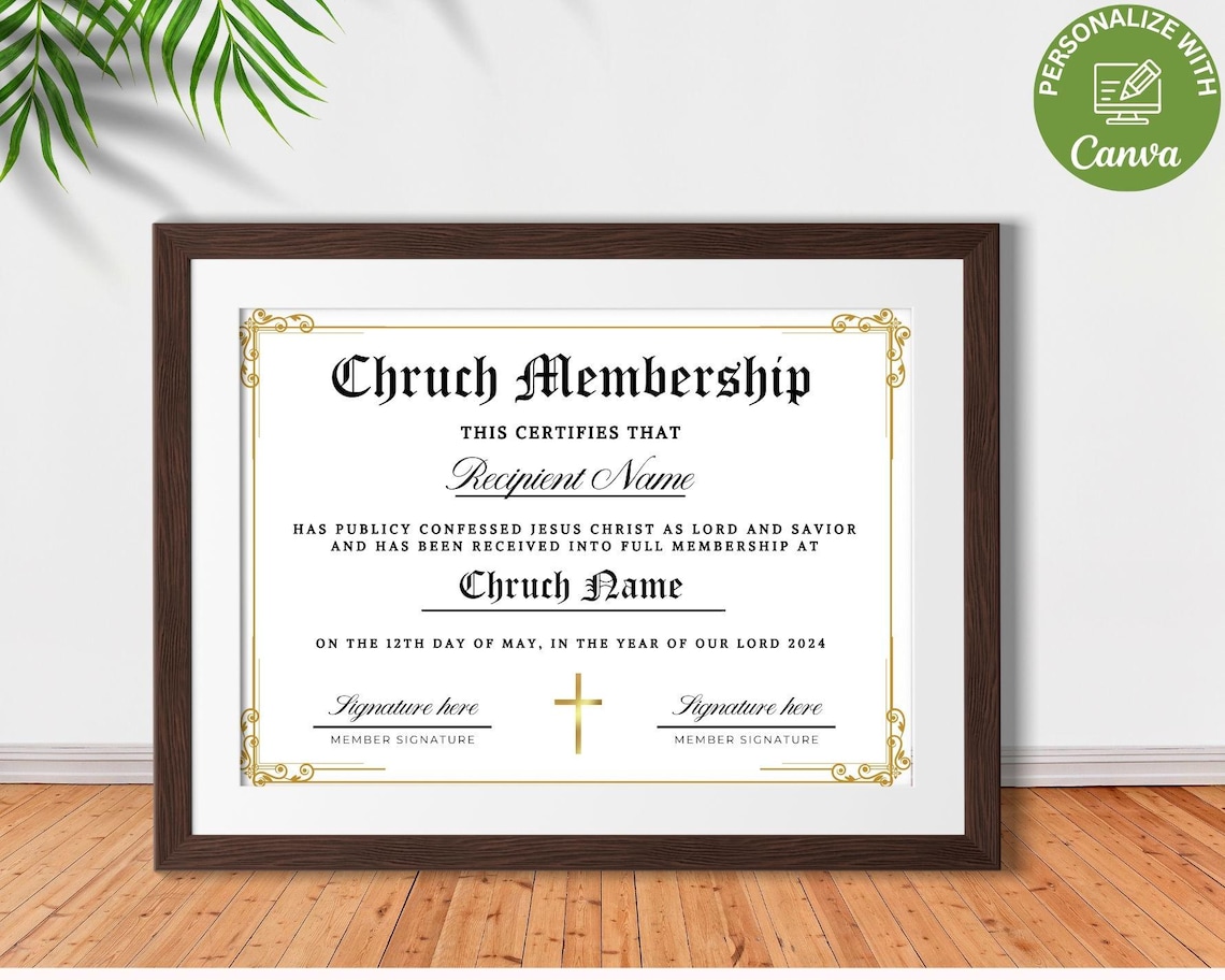 Church Membership Certificate Template, Editable Certificate of ...