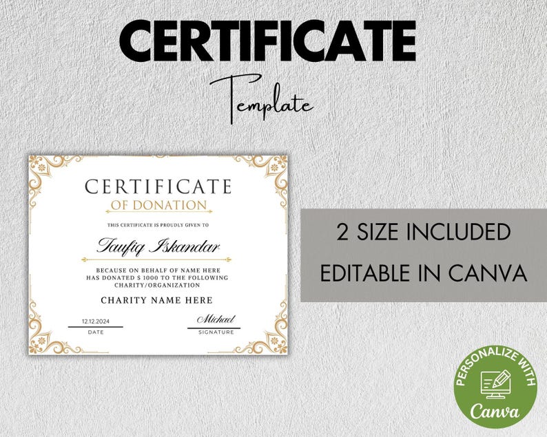Certificate of Donation Template, Editable Donation Certificate ...